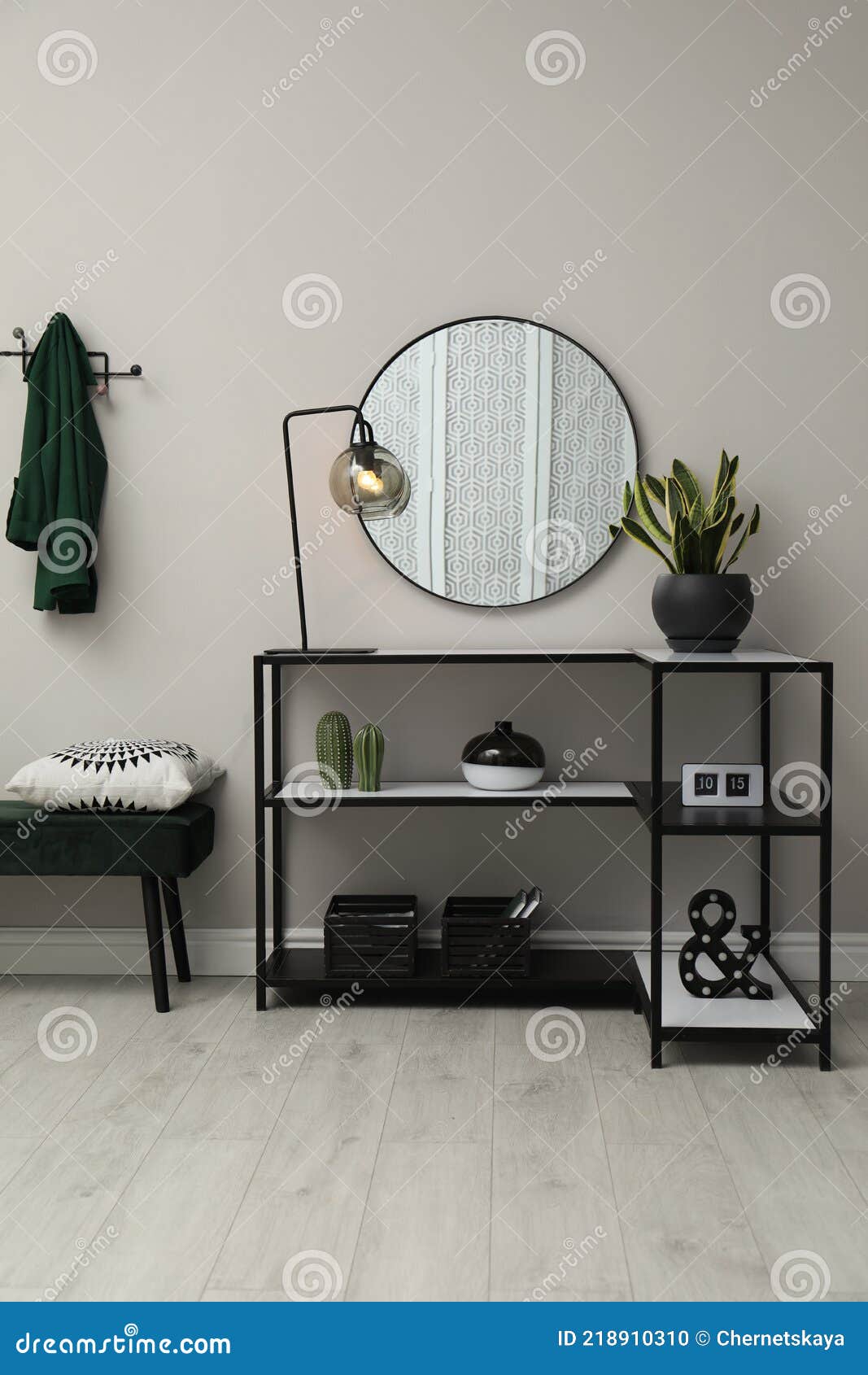 Hallway with Stylish Console Table and Mirror. Interior Design Stock ...