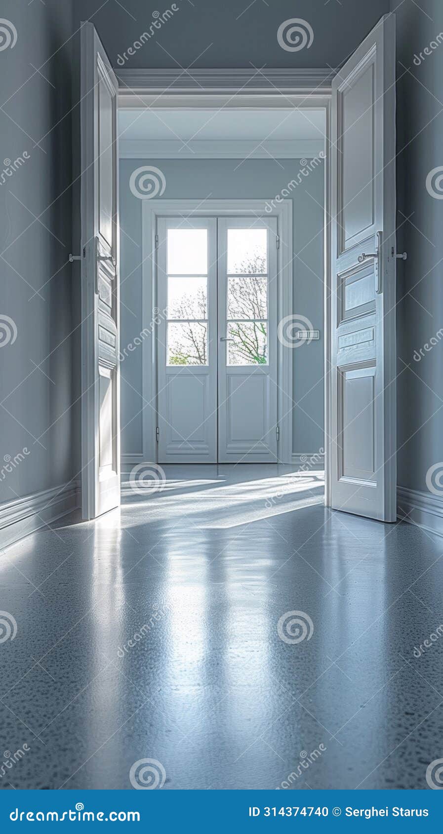 A Hallway with Two Doors Leading To a Room that Has White Walls, AI ...