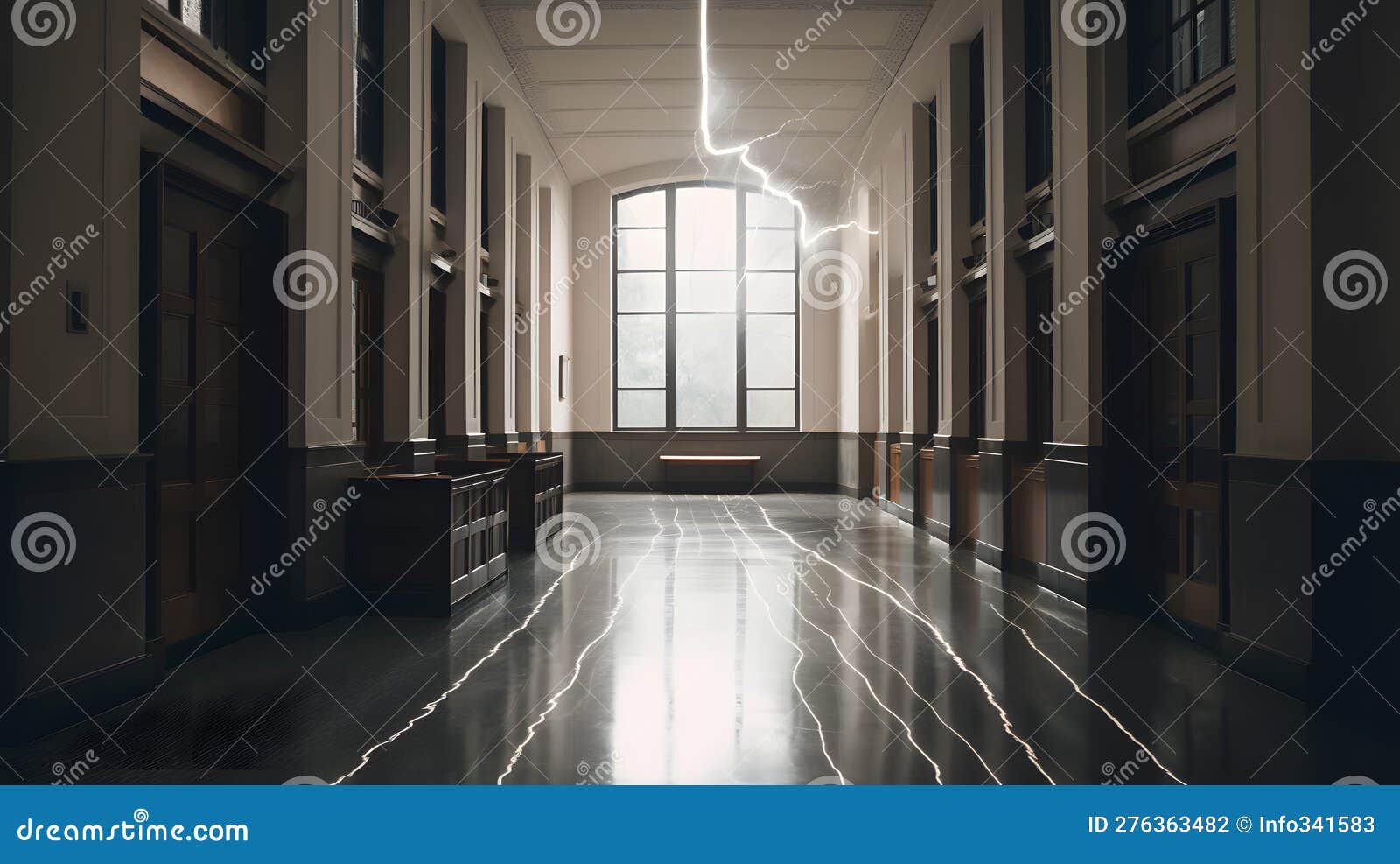 A Hallway in a University Building with a Large Window at Created with ...