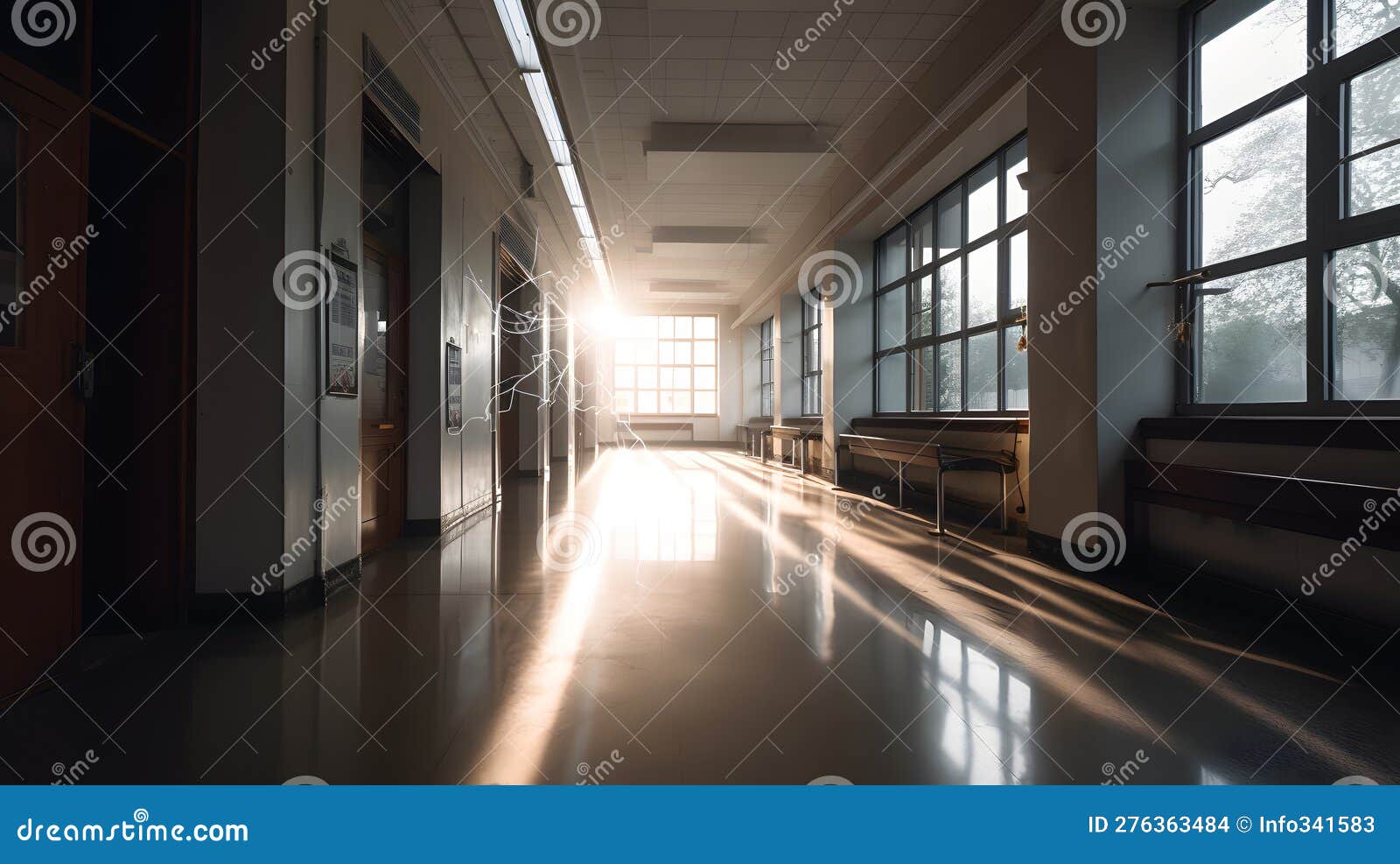 A Hallway In A University Building With Lockers And Poste Created With ...
