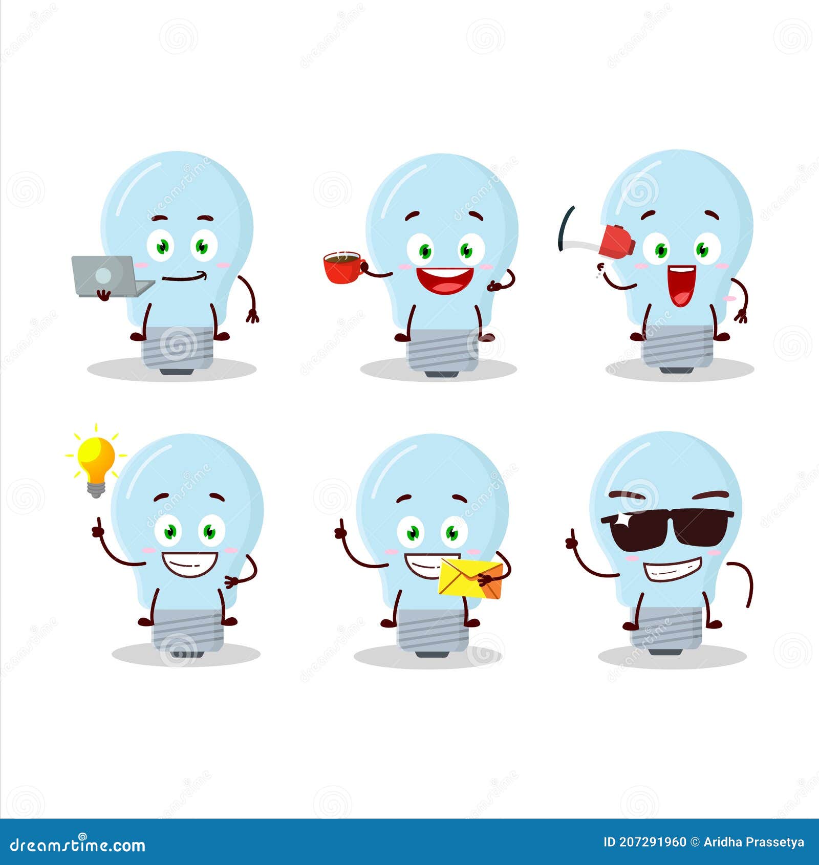 Halogen Cartoon Character with Various Types of Business Emoticons ...