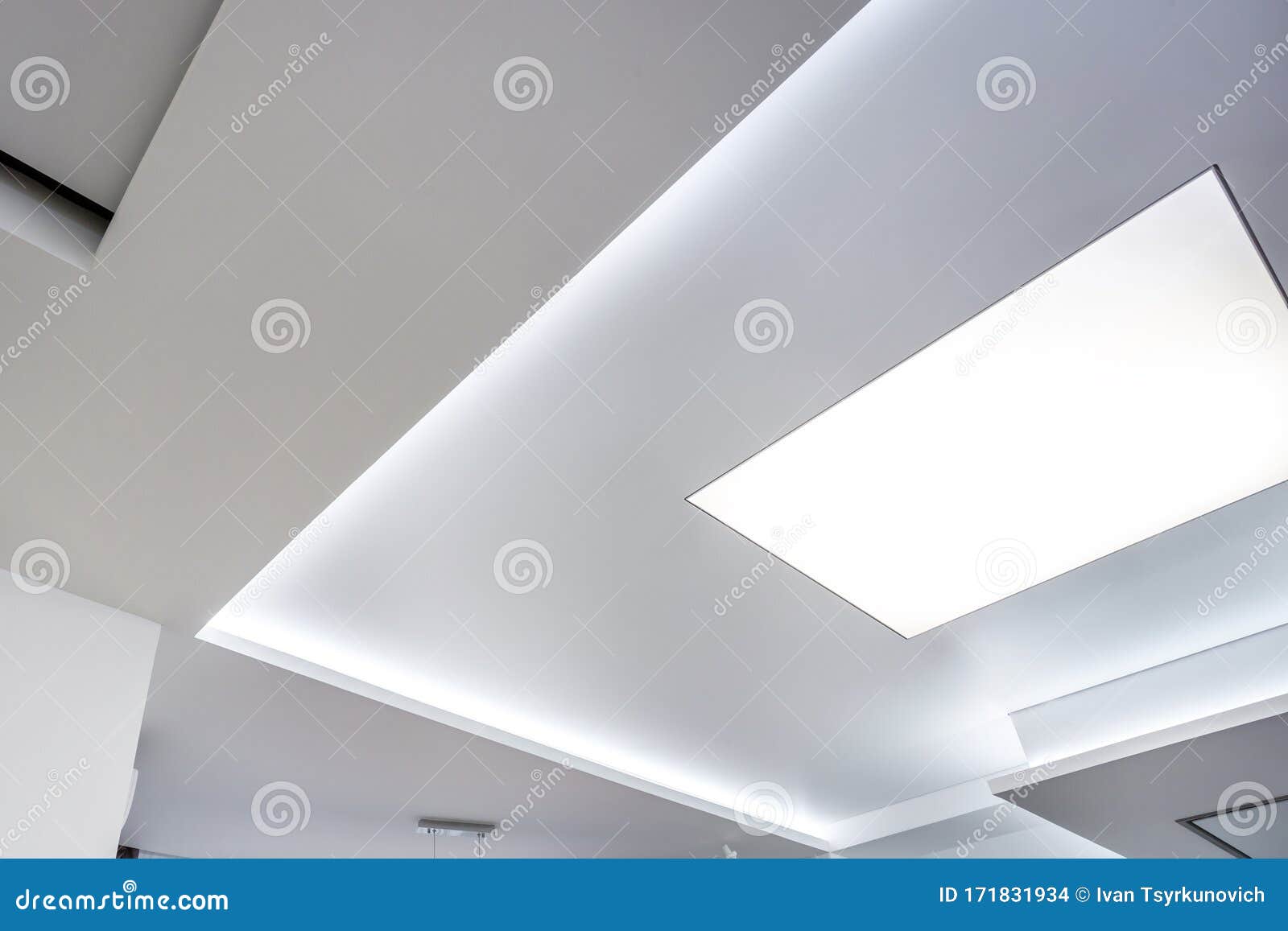 Halogen Spots Lamps on Suspended Ceiling and Drywall Construction in in ...