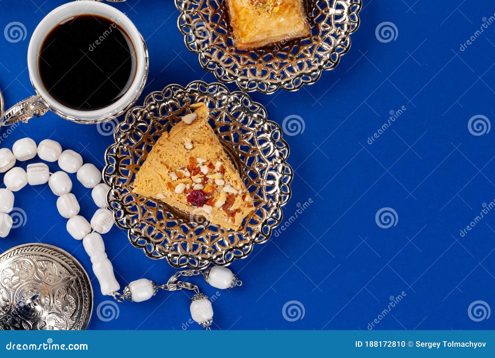 Halva Dessert with Tea Cup on Blue Background Stock Photo - Image of ...