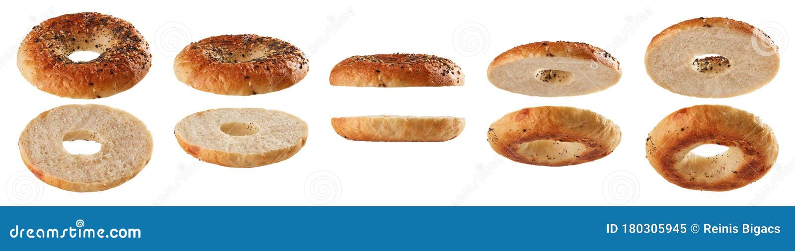 Halved Bagels Flying on White Background Stock Image - Image of circle ...