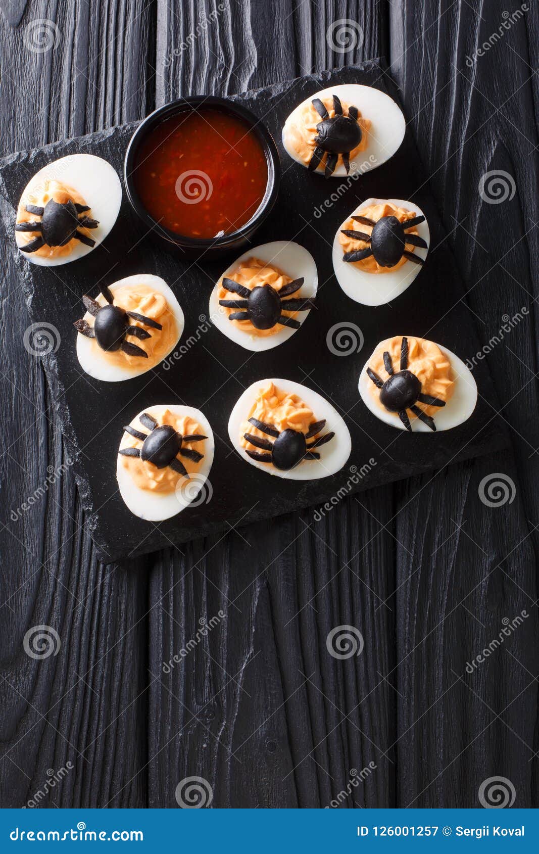 Halves Devilish Eggs Decorated with Olive Spiders Close-up Serve Stock ...