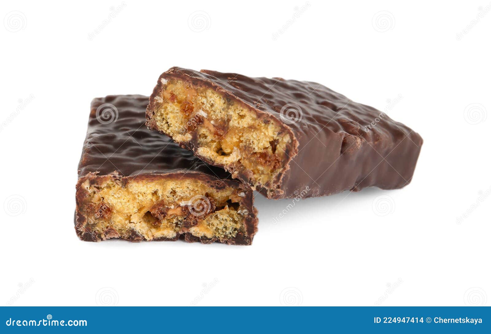 Halves of Tasty Chocolate Glazed Protein Bar on White Background Stock ...