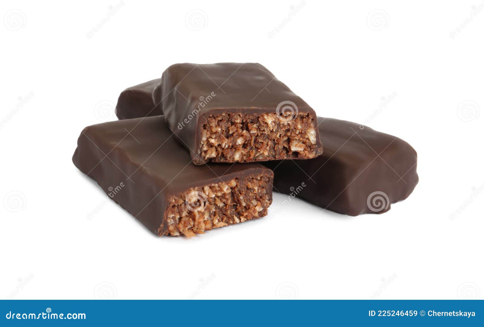 Halves of Tasty Chocolate Glazed Protein Bar on White Background Stock ...