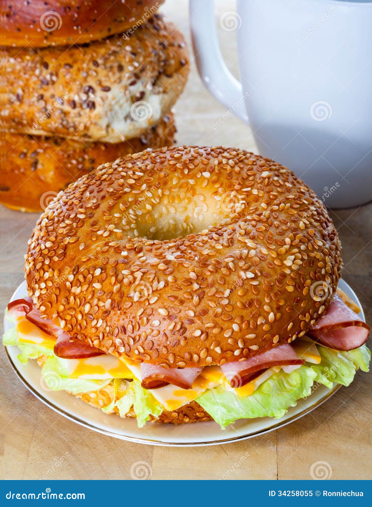Ham and Cheese Bagel Sandwich Breakfast Stock Image - Image of lunch ...