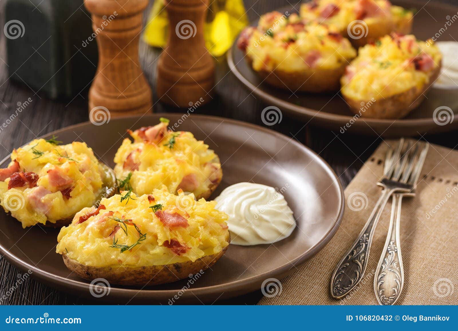 Ham and Cheese Jacket Potatoes on Dark Background. Stock Photo - Image ...