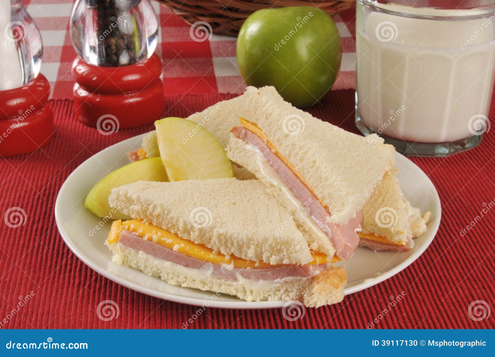 Ham and Cheese Sandwich with Milk Stock Photo - Image of apple, food ...