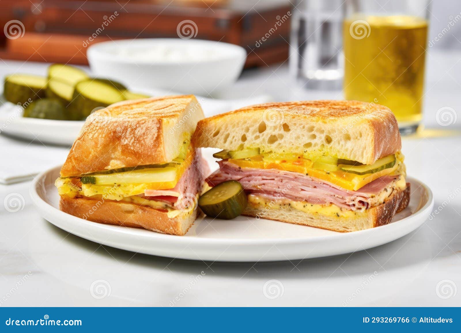 Ham and Cheese Sandwich with a Side of Pickles Stock Photo - Image of ...