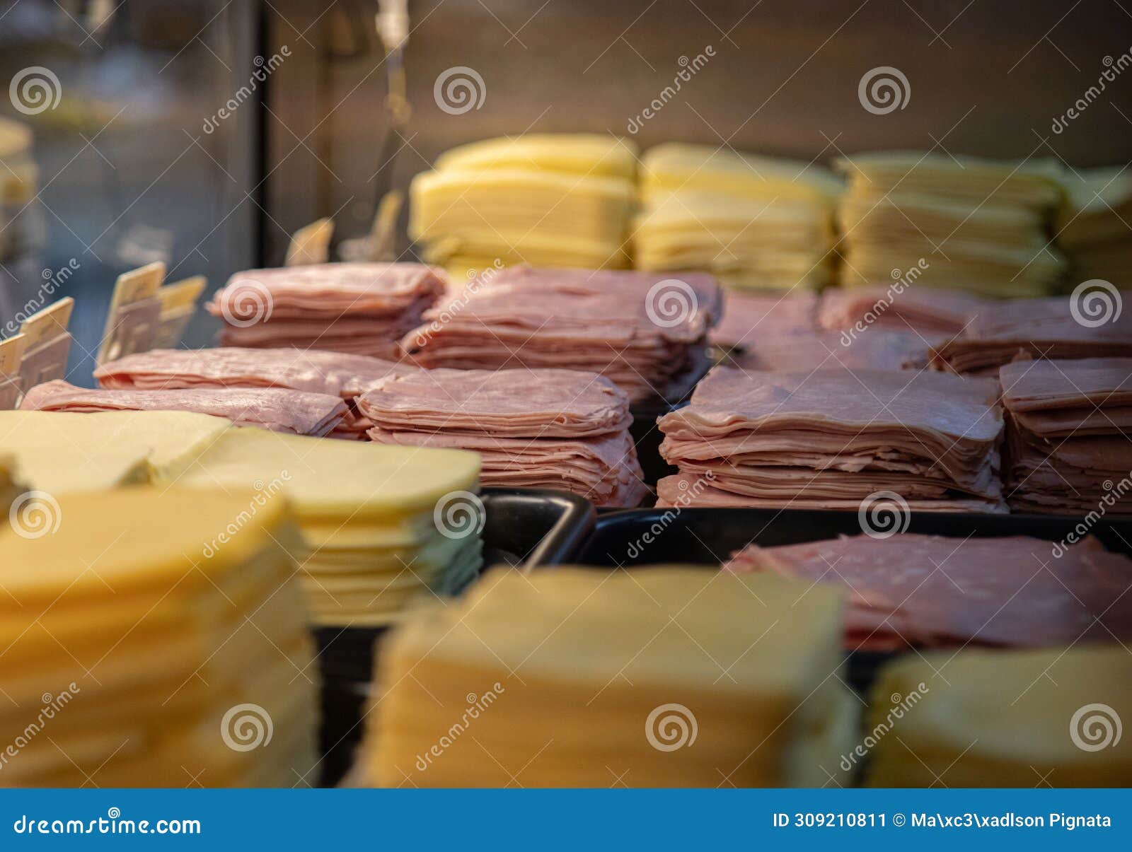 Ham and Cheese in Showcase at Market Stock Image - Image of cheese ...
