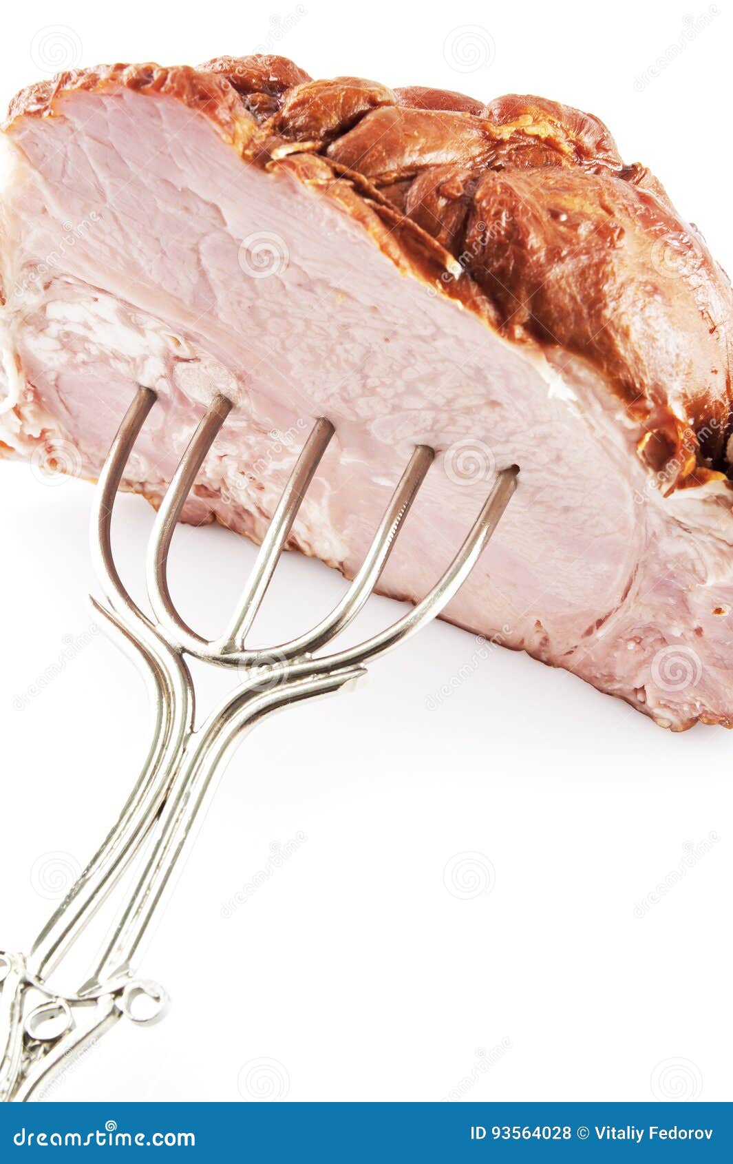 Ham and Fork on a White Background Stock Photo - Image of appetizer ...