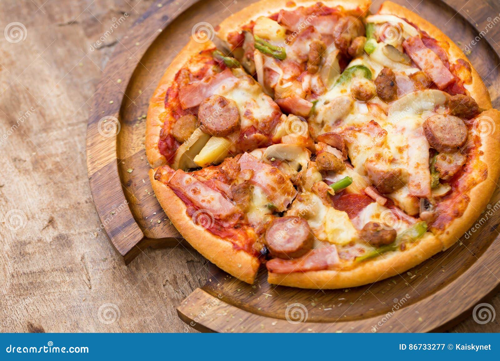 Ham, Mushroom and Olive Pizza, Top View of Pizza on Rustic Table Stock ...