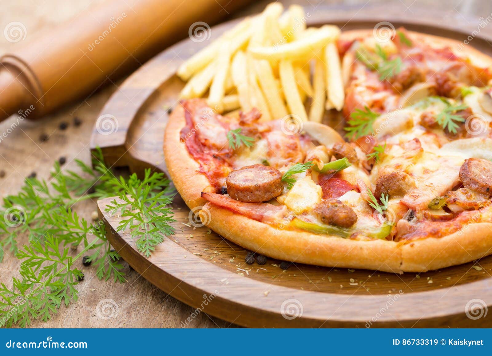 Ham, Mushroom and Olive Pizza, Top View of Pizza on Rustic Table Stock ...