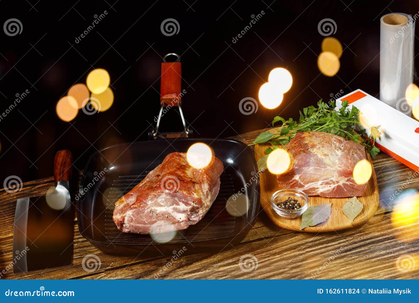 Ham in the Pan and Hatchet Kitchen Stock Photo - Image of food ...