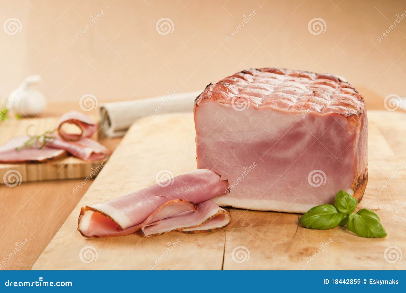 Ham piece. stock image. Image of studio, sliced, wooden - 18442859