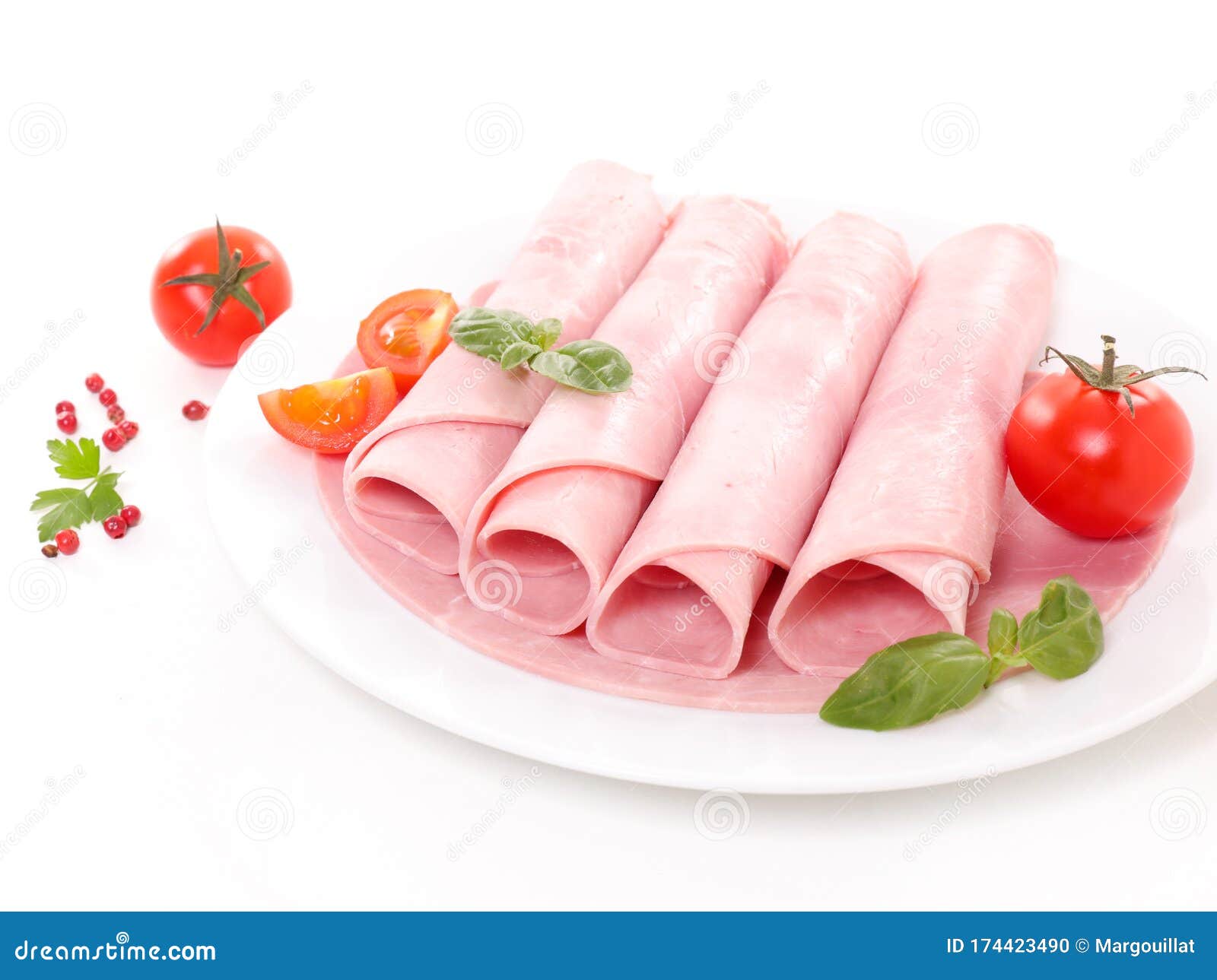 Ham Rolled Up with Basil and Tomato on White Stock Photo - Image of ...