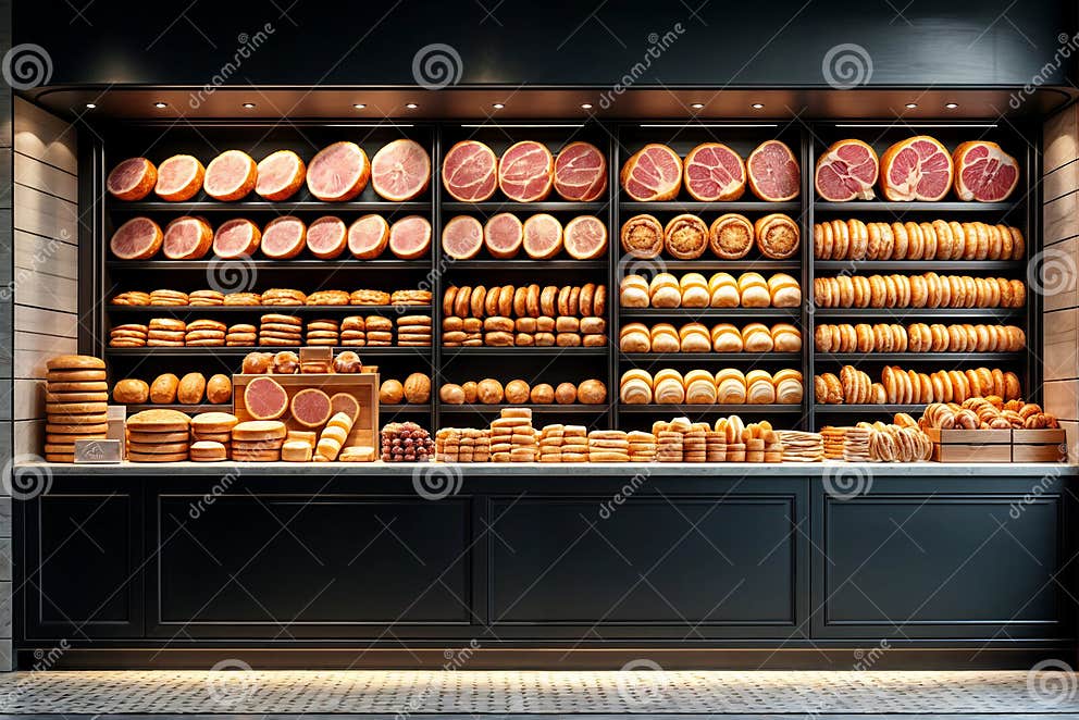 Ham Store. Showcase with Ham in a Store Stock Illustration ...