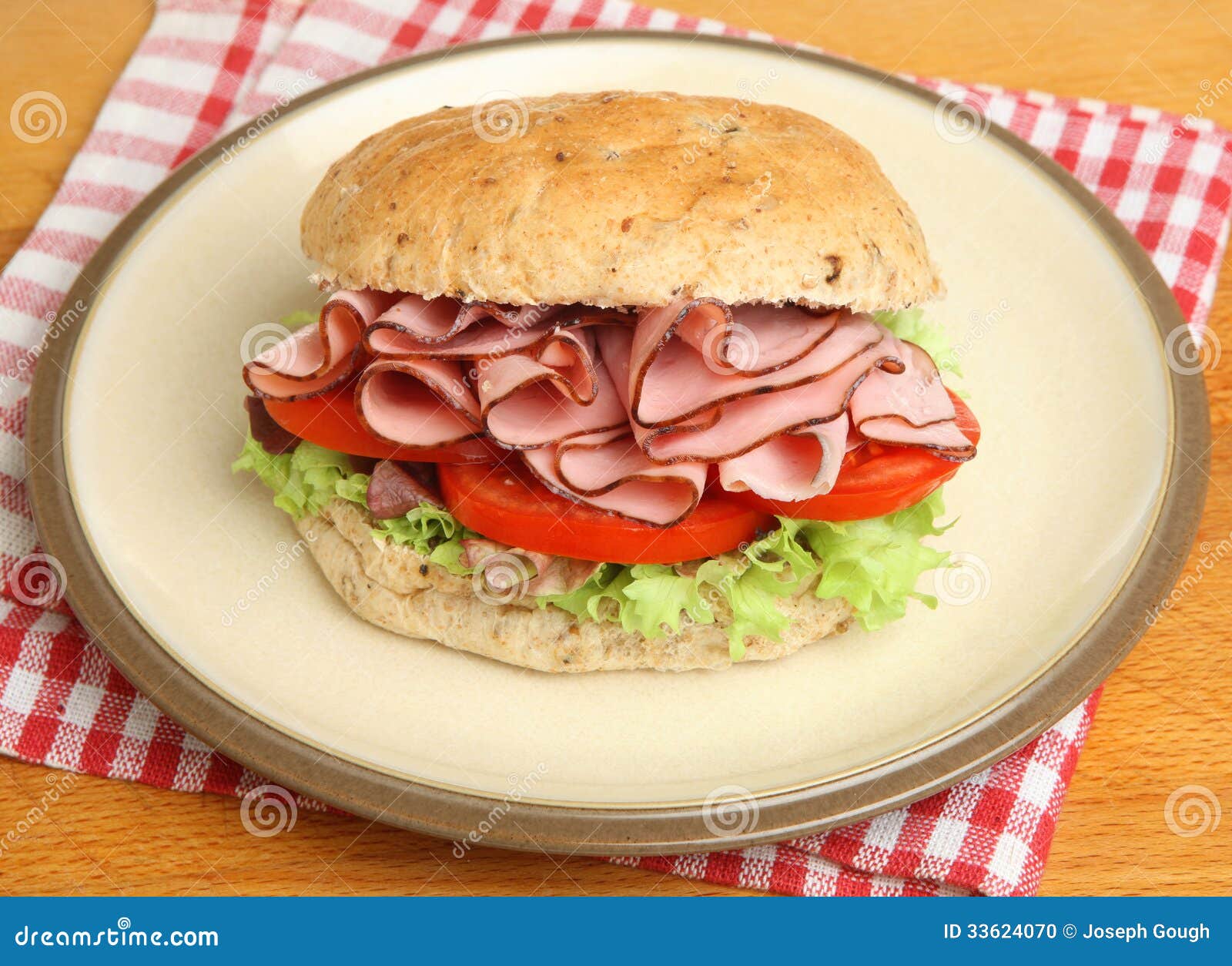 Ham & Tomato Roll Sandwich on Plate Stock Photo - Image of roll, bread ...