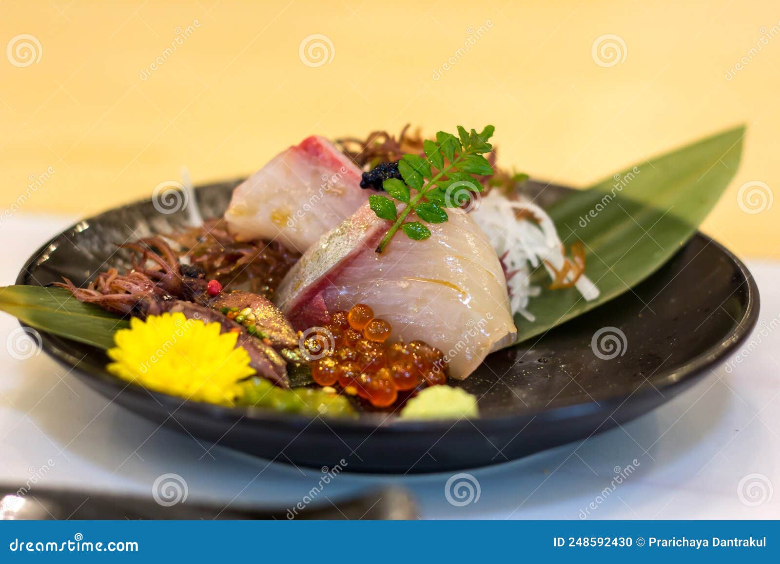 Hamachi Sashimi : Sliced Raw Hamachi Yellowtail Fish Served With Sliced ...