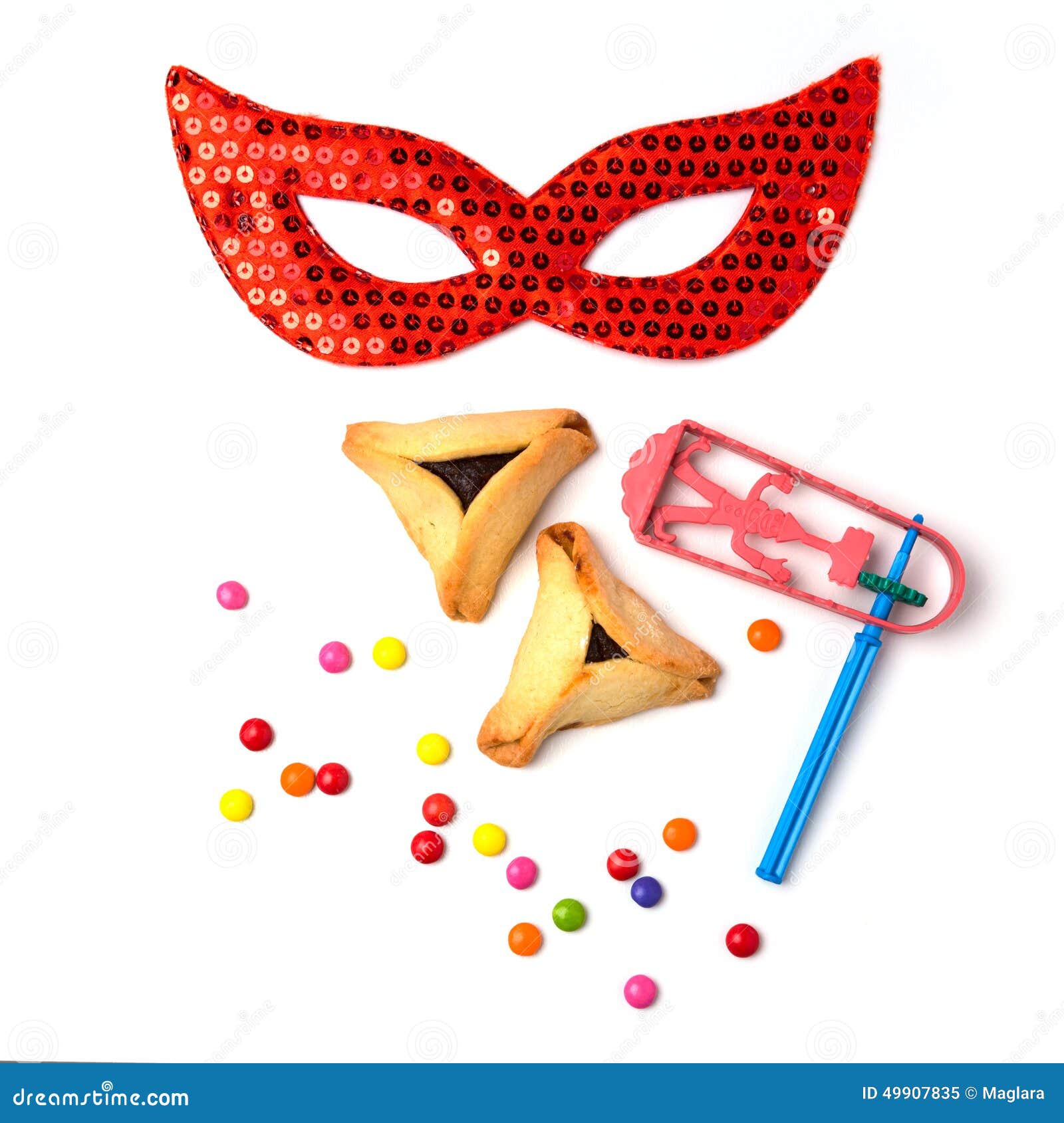 Hamantaschen Cookies , Grogger and Carnival Mask on White Background ...