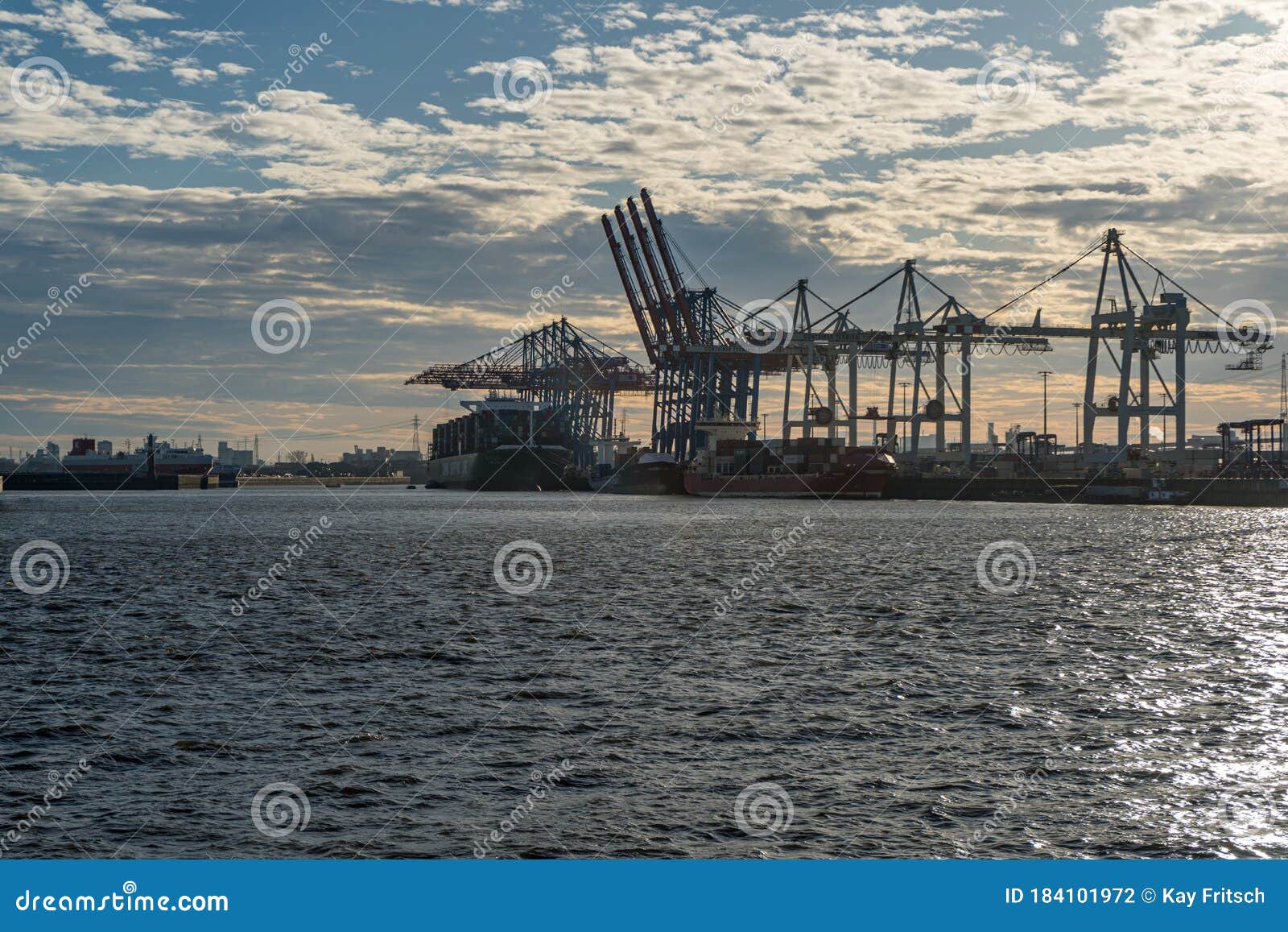 Hamburg Container Port with Some Ships Loading and Cranes Editorial ...