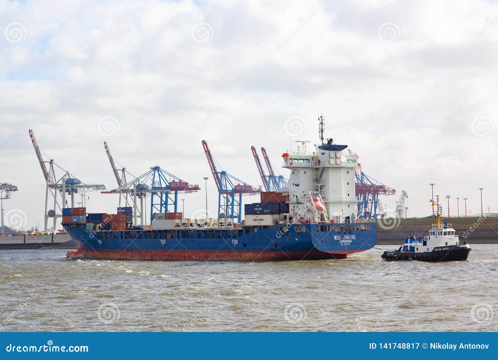 Hamburg, Germany - March, 2019: Container Ship in Cargo Port of Hamburg ...