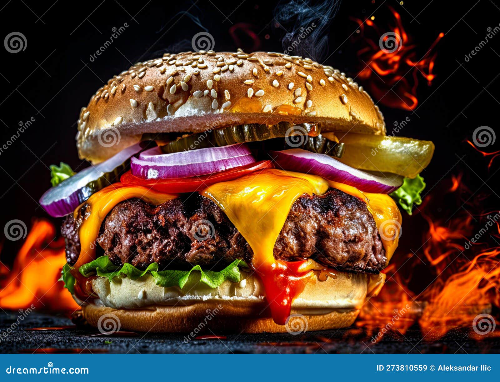 Hamburger on Barbecue with Fire Burning in Background. Generative Ai ...