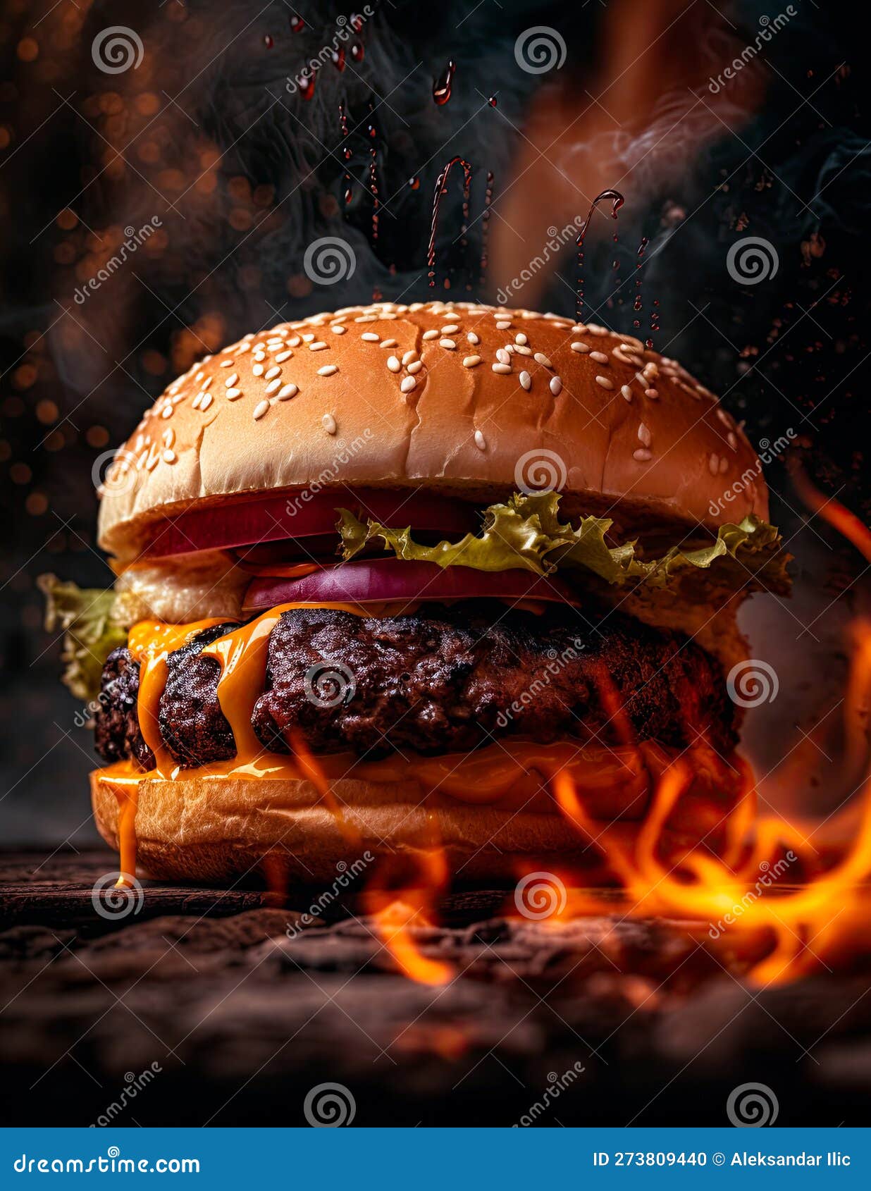 Hamburger on Barbecue Grilled Over the Hot Coals and Fire. Generative ...