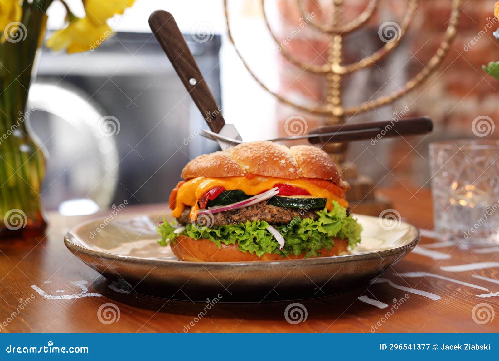 Hamburger with Beef, Mutton, Vegetables, Sauce and Challah Bun, on a ...