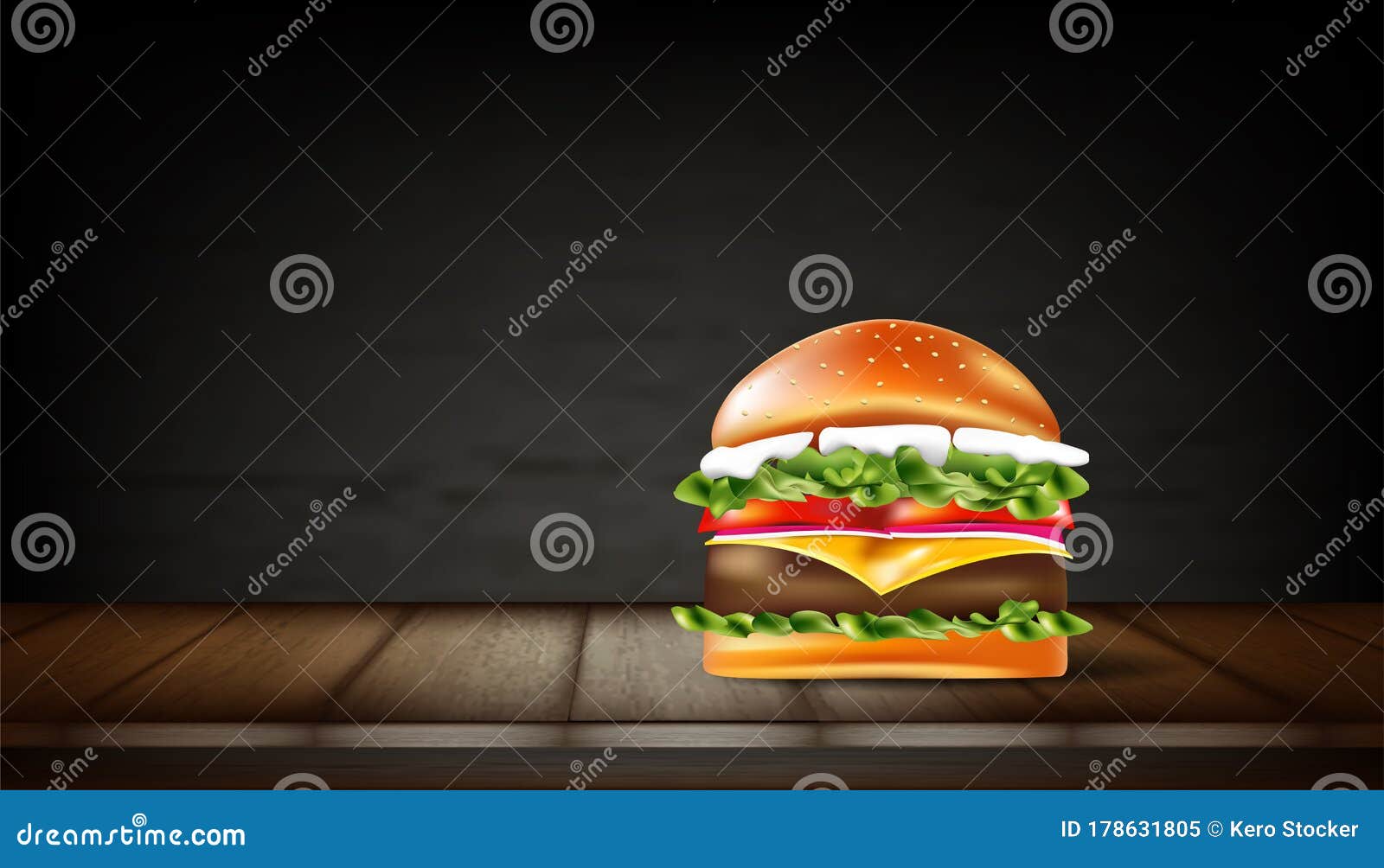 Hamburger Beef on Wood Texture Table Background. Vector Illustration ...