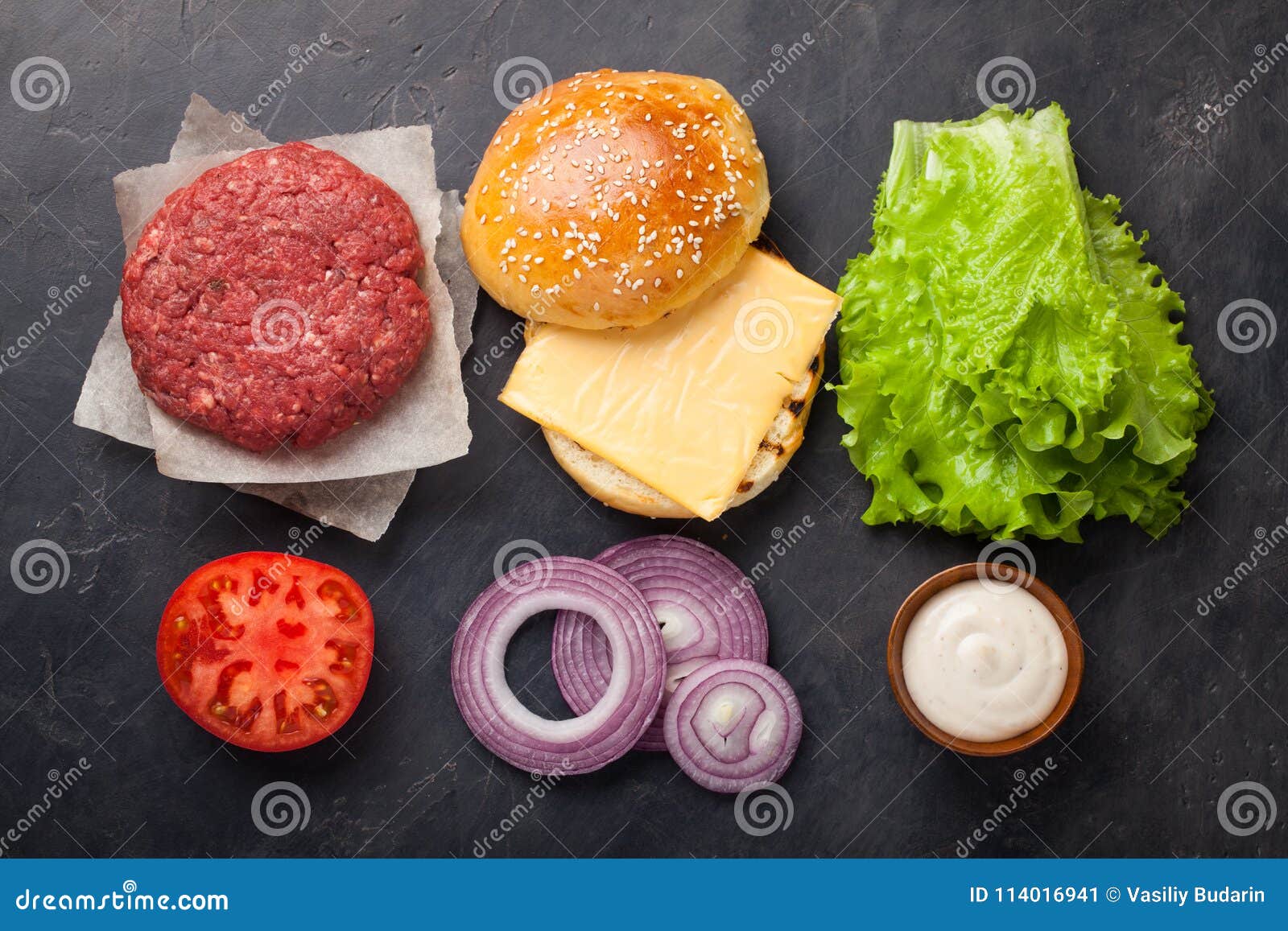 Hamburger Building Kit. Fresh Ingredients for Burger on Dark Stone ...