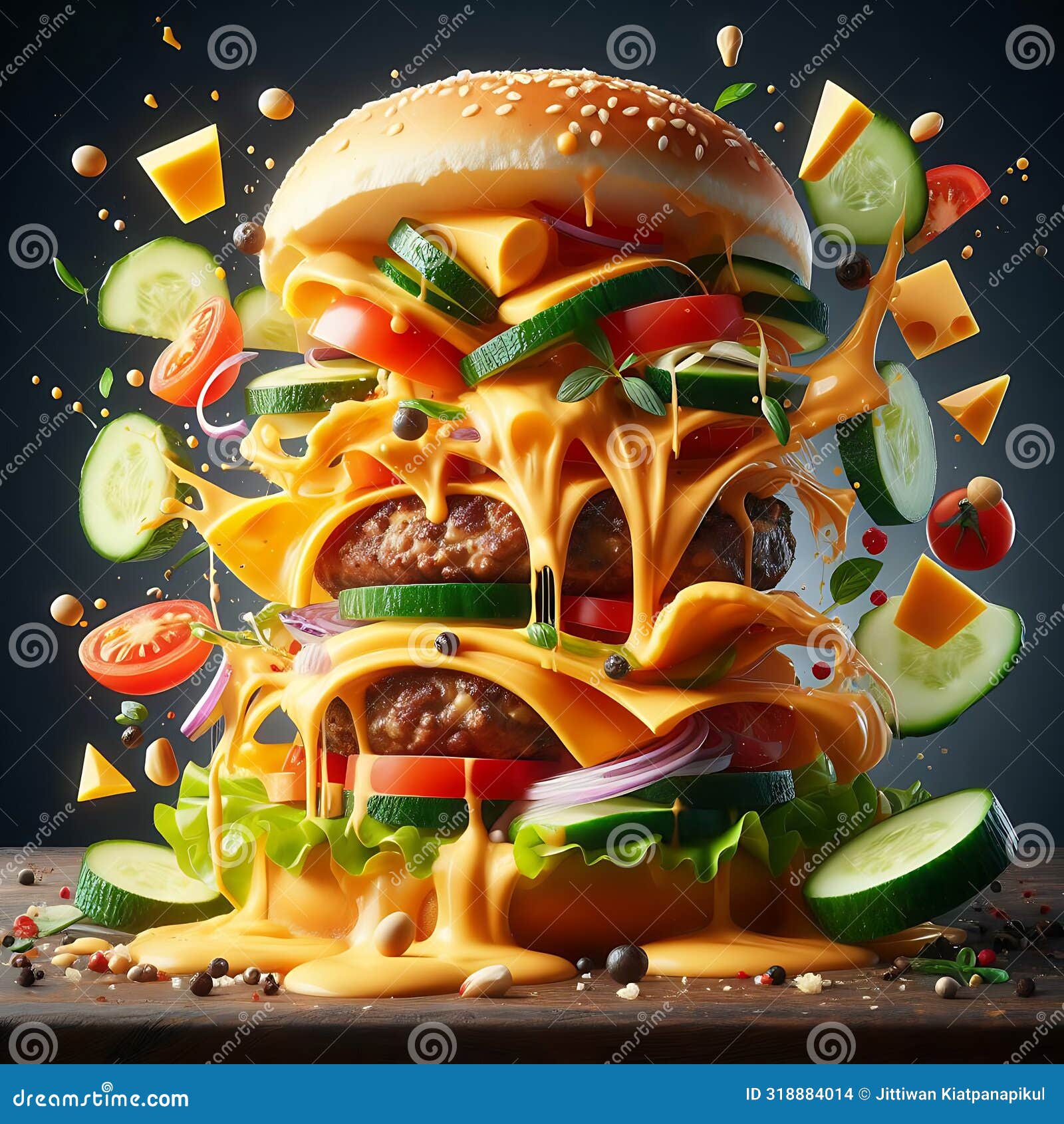 Hamburger, Cheese Burger Exploding with Vegetable Splash, Studio ...
