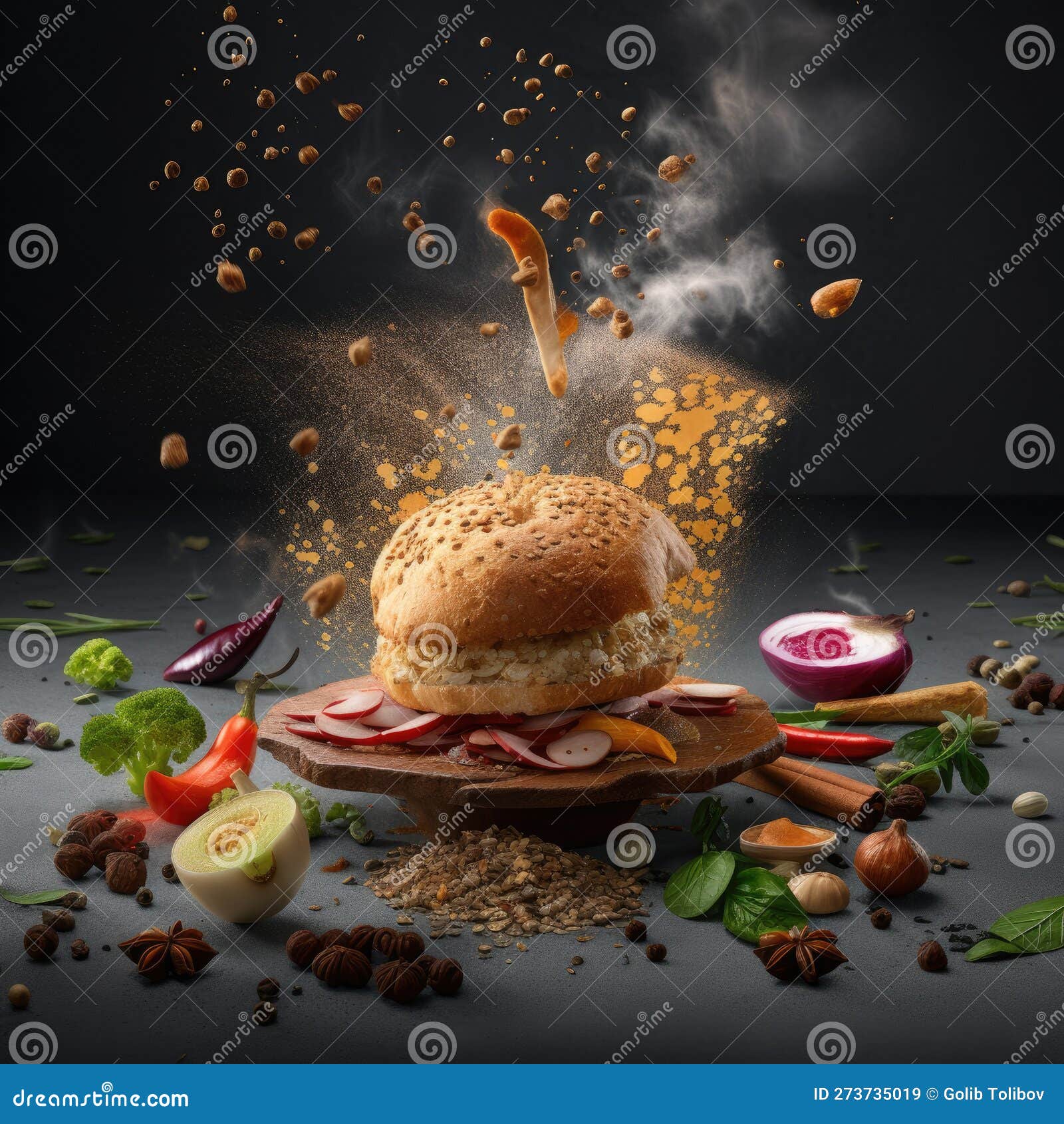 A Hamburger Exploding Out of the Air with Ingredients. Generative AI ...