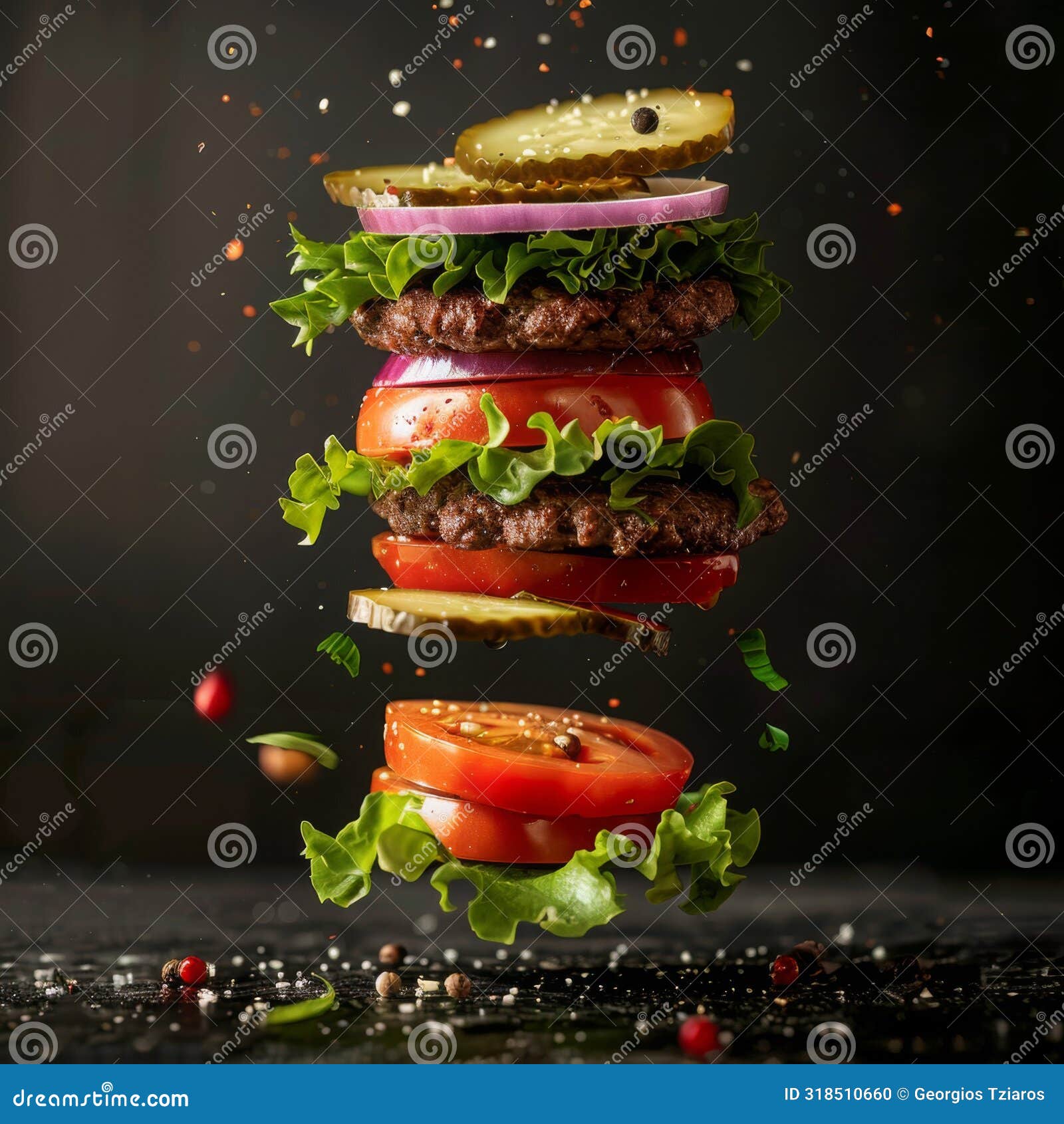 Hamburger Falling with Slices Stock Photo - Image of tomato, studio ...