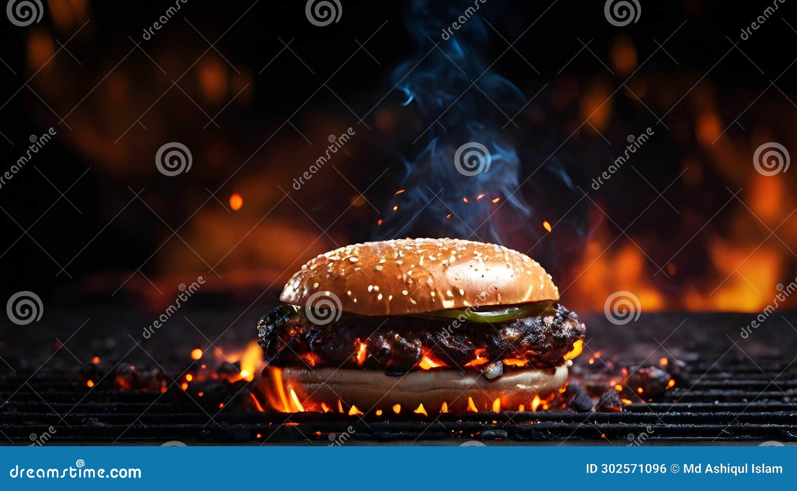 Hamburger on Fire with Flames on Background. Close-up Stock ...