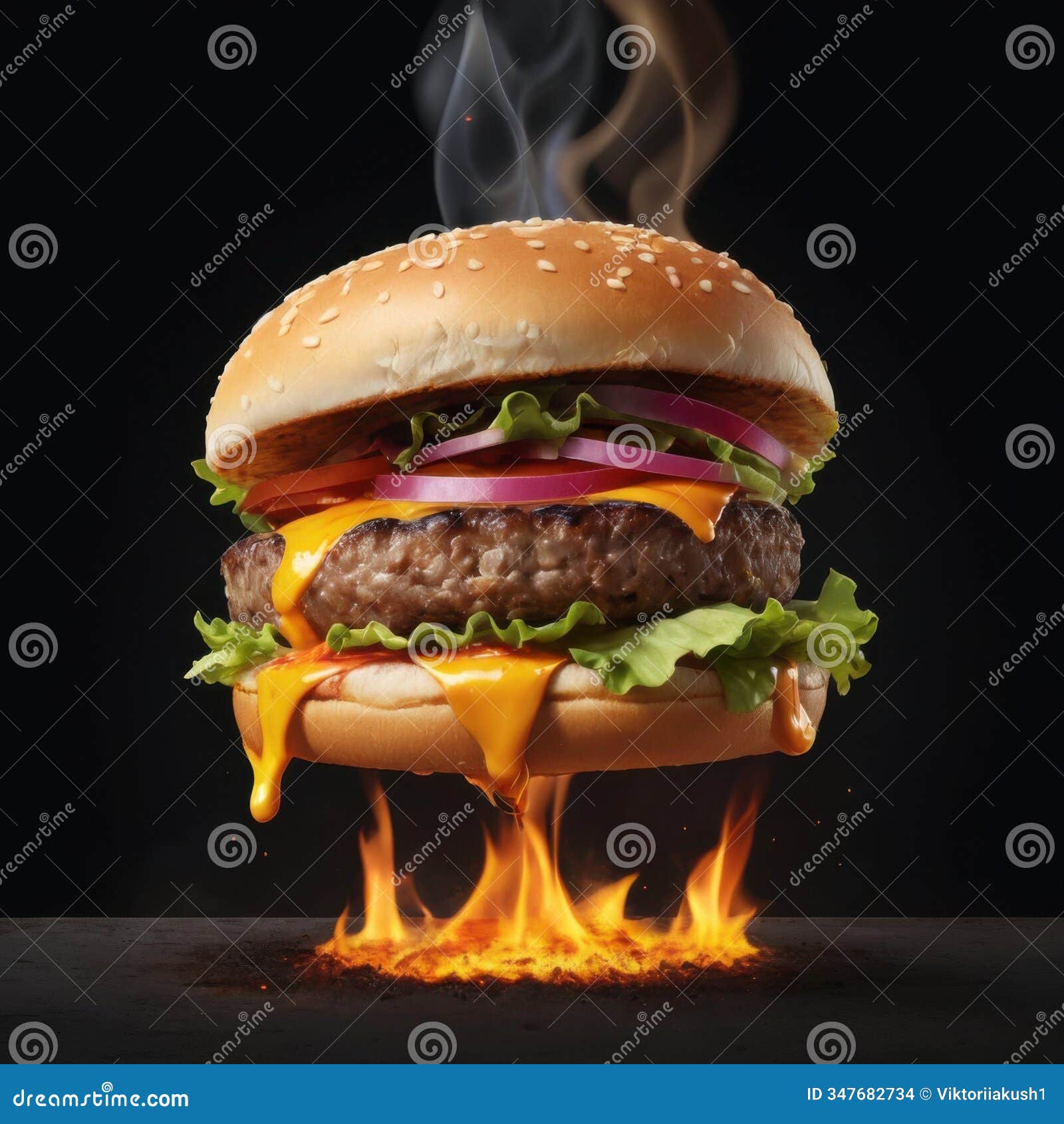 Burger with Flame on a Black Background. Close-up. Stock Illustration ...