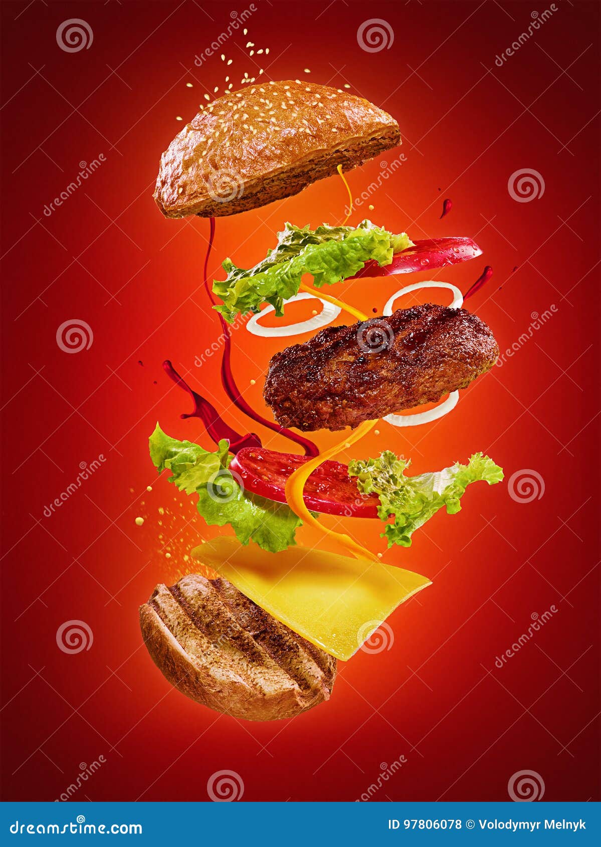 The Hamburger with Flying Ingredients on Red Background Stock Photo ...