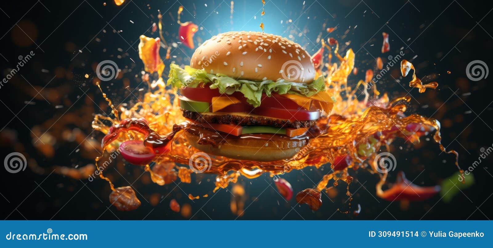 A Hamburger is Flying from the Screen Stock Photo - Image of restaurant ...