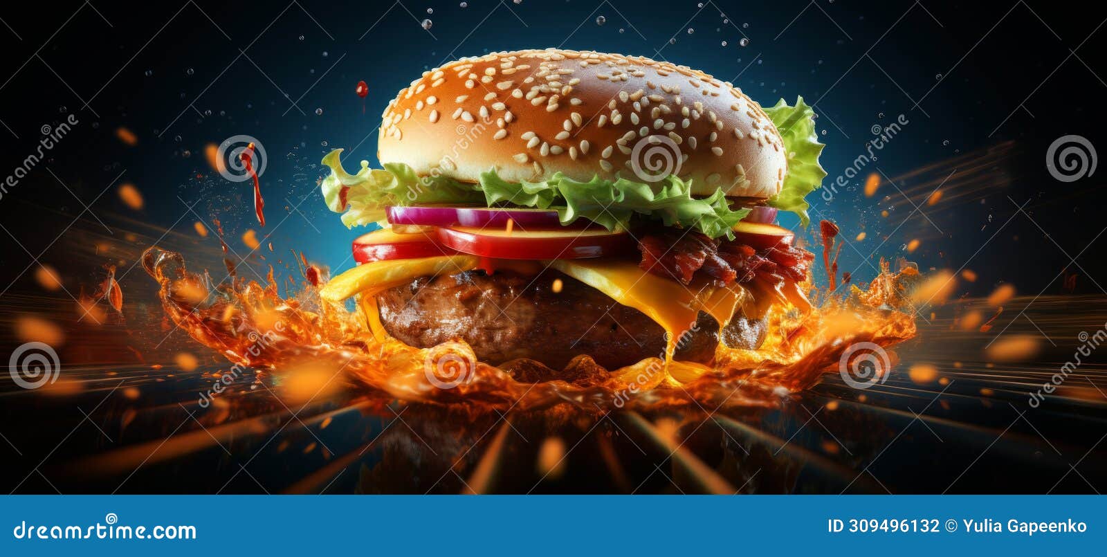 A Hamburger is Flying from the Screen Stock Photo - Image of bread ...