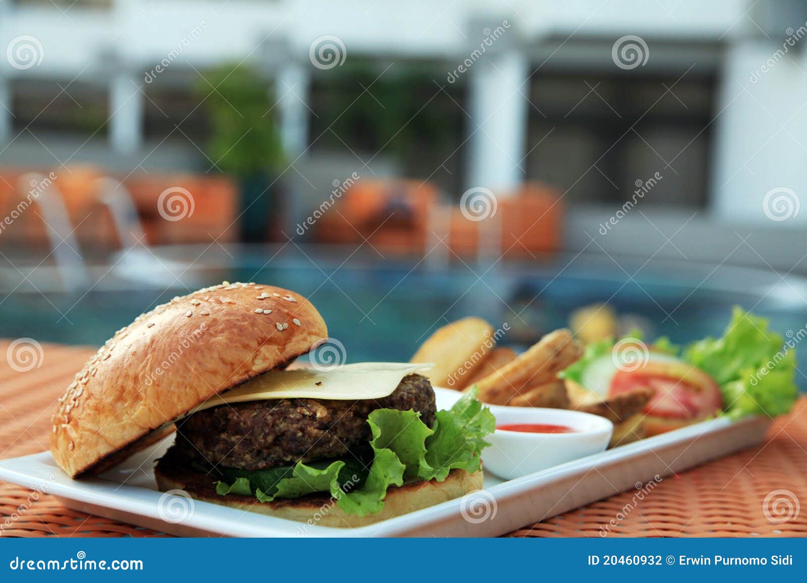 Hamburger at hotel pool stock photo. Image of delicious - 20460932