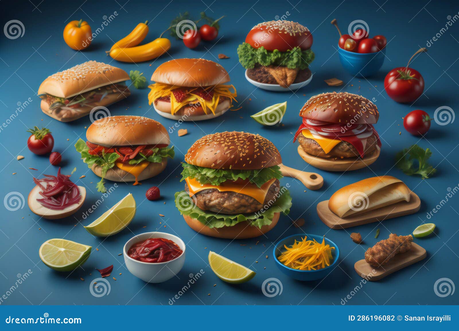 Hamburger Ingredients on Blue Background. Concept of Fast Food Stock ...