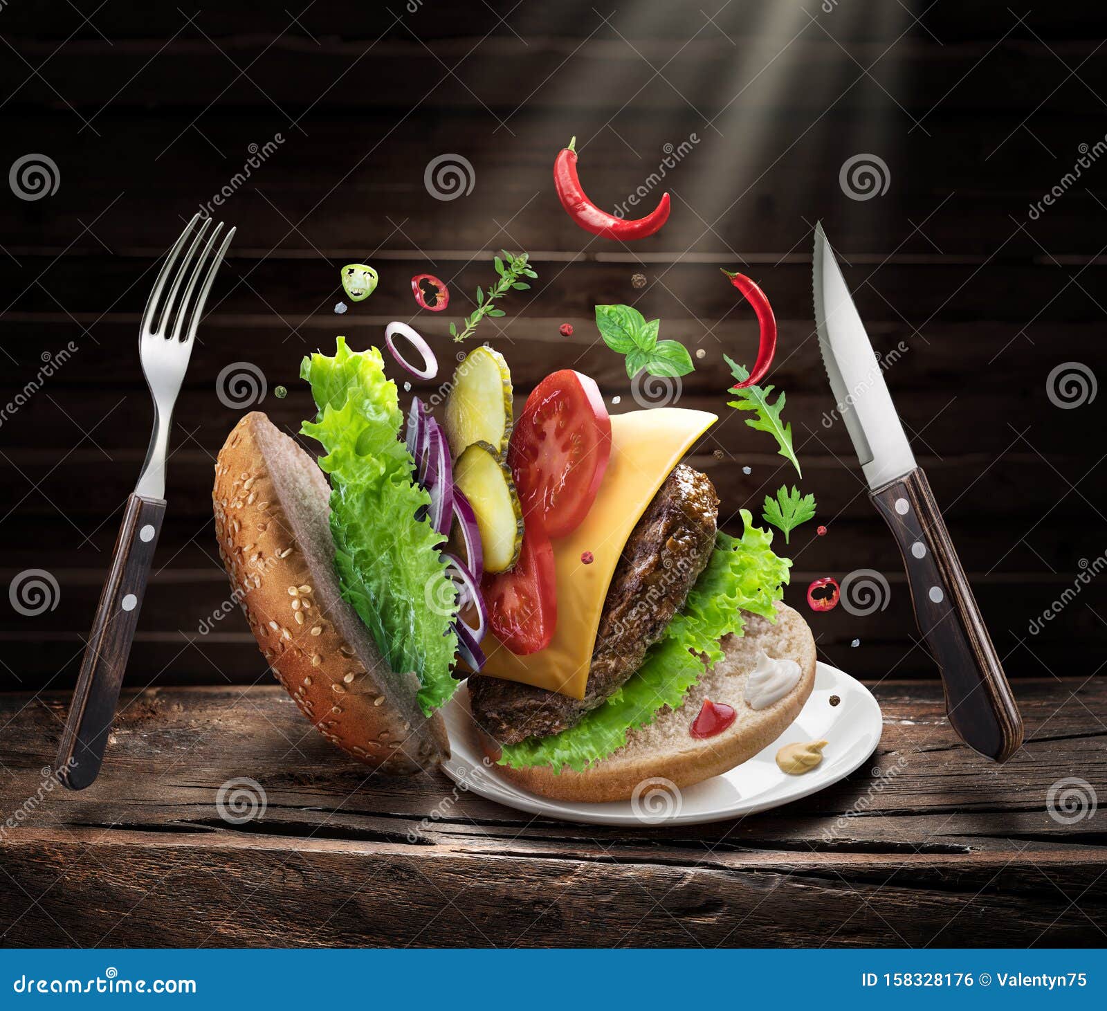 Hamburger Ingredients Falling Down One by One To Create a Perfect Meal ...