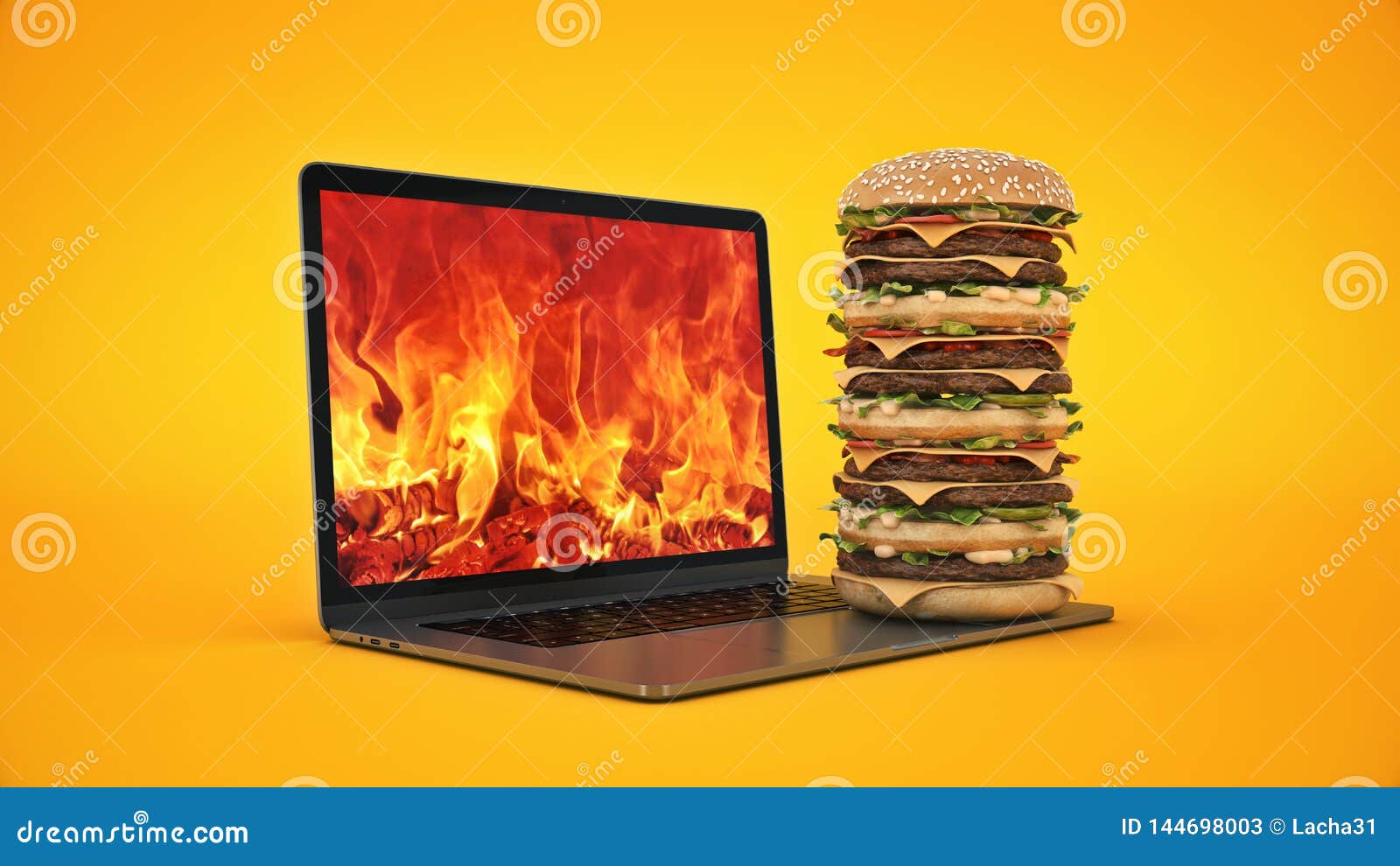 Hamburger with laptop. 3d stock illustration. Illustration of keyboard ...