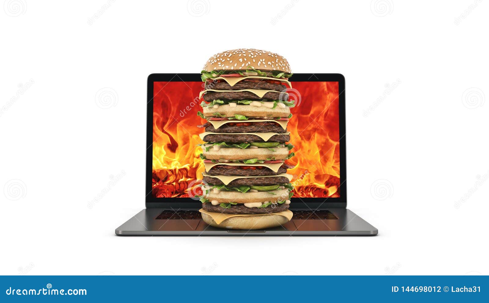 Hamburger with laptop. 3d stock illustration. Illustration of digital ...