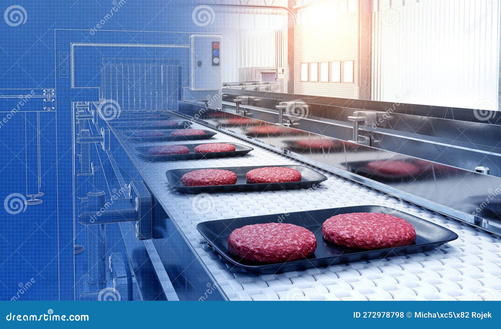 Hamburger Meat Production Line with an Overlaying Blueprint Drawn in ...
