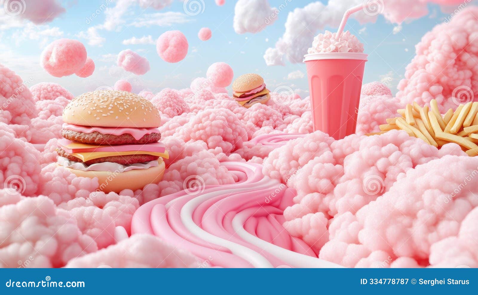 A Hamburger and Milkshake Sitting on Top of a Cloud, AI Stock Image ...