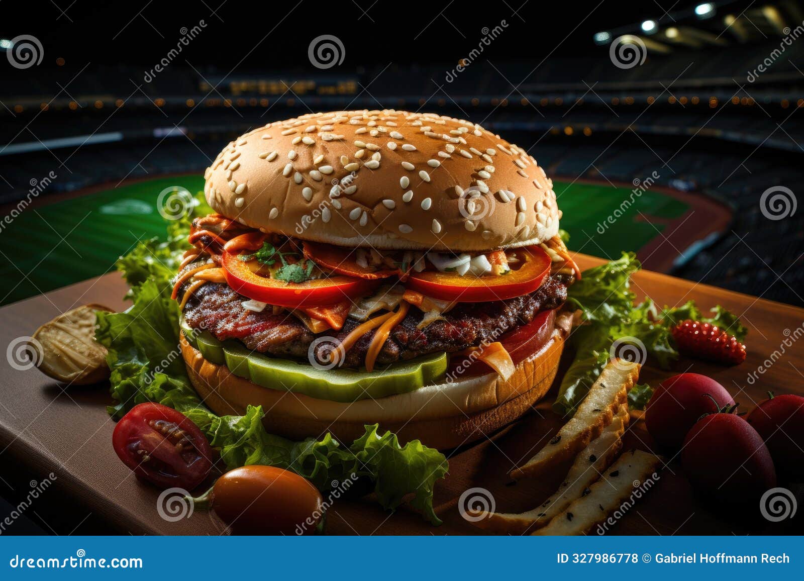 A Hamburger with Peppers in a Baseball Game at the Stadium., Generative ...