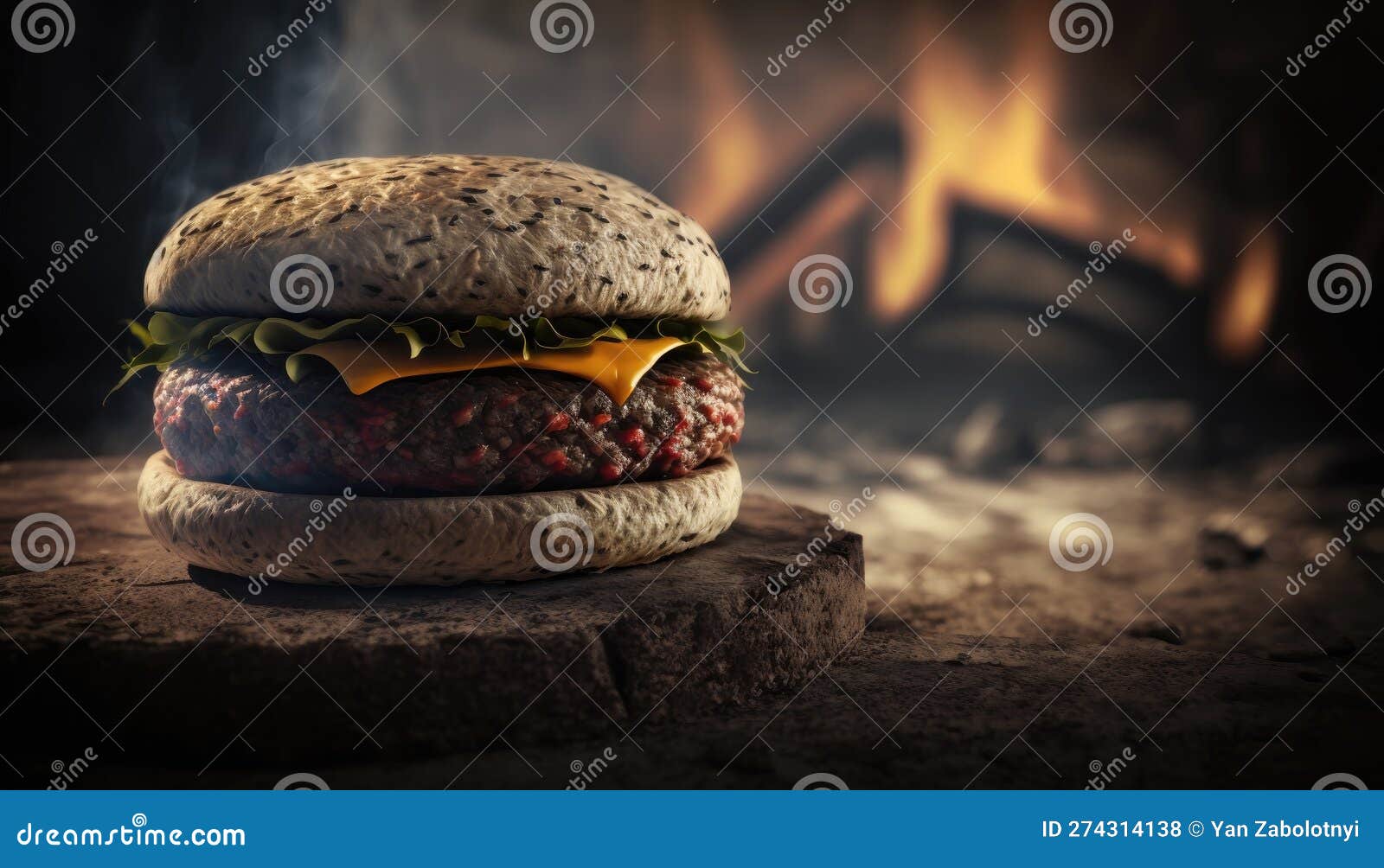 Hamburger on Stone, Blurred Background, Rustic Pub Stone Oven. Generative AI Stock Photo - Image ...